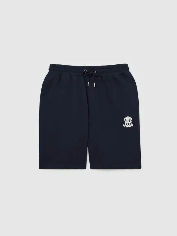 REISS Monogram Embroidered Cotton Shorts - Navy