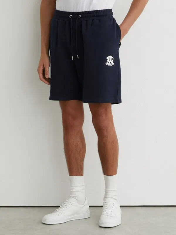 REISS Monogram Embroidered Cotton Shorts - Navy