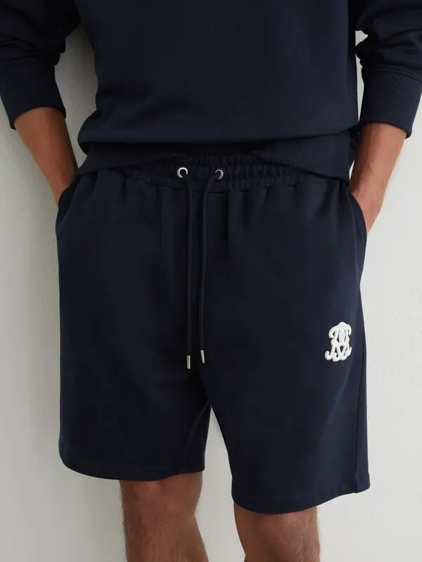 REISS Monogram Embroidered Cotton Shorts - Navy