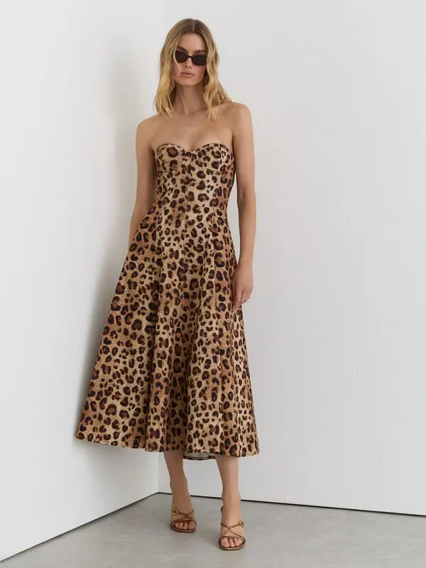 REISS Strapless Leopard-print Corset Midi Dress - Neutral