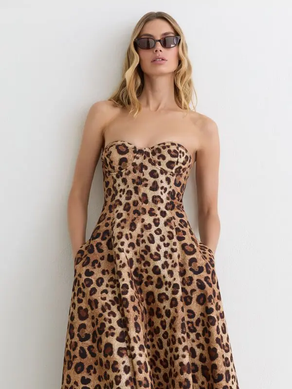 REISS Strapless Leopard-print Corset Midi Dress - Neutral