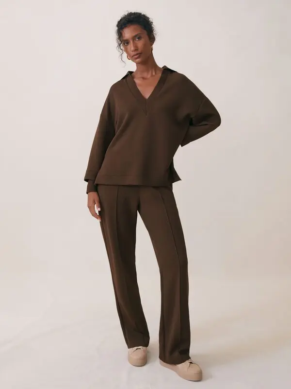 REISS Bernie Premium Interlock Open-collar Sweatshirt - Chocolate