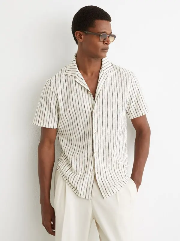 REISS Brown & Ecru Textured-stripe Cuban-collar Shirt Cotton-blend - Green/brown Multi