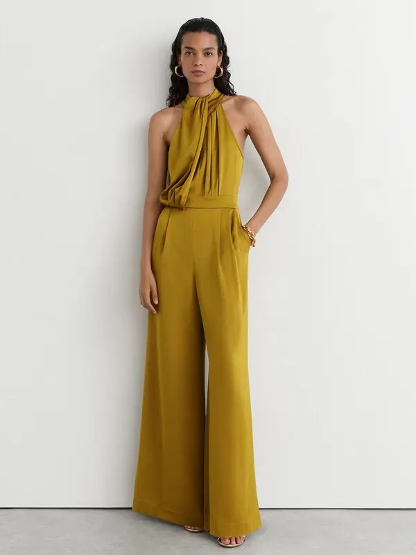 REISS Satin Draped Wide-leg Jumpsuit - Chartreuse Green
