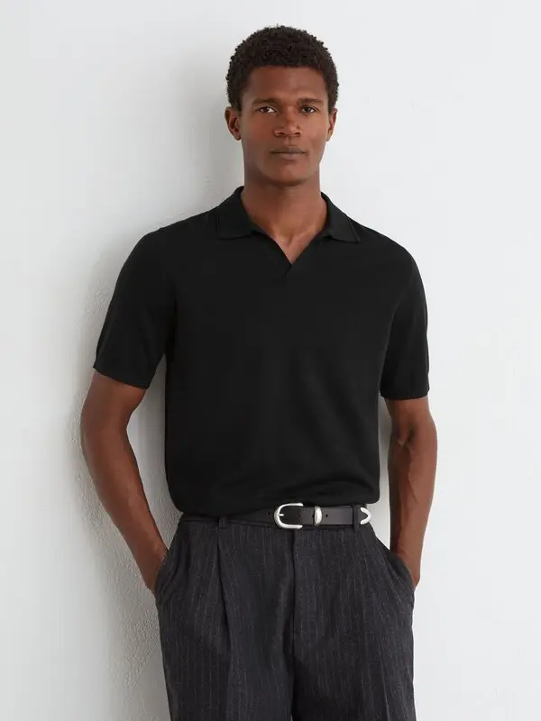 REISS Merino Wool Open-collar Polo Shirt - Black