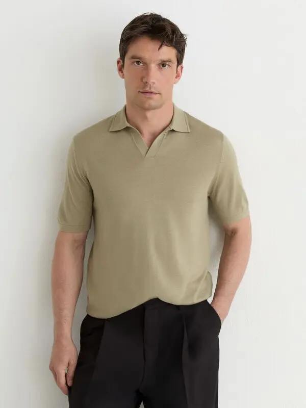 REISS Merino Wool Open-collar Polo Shirt - Soft Olive Green