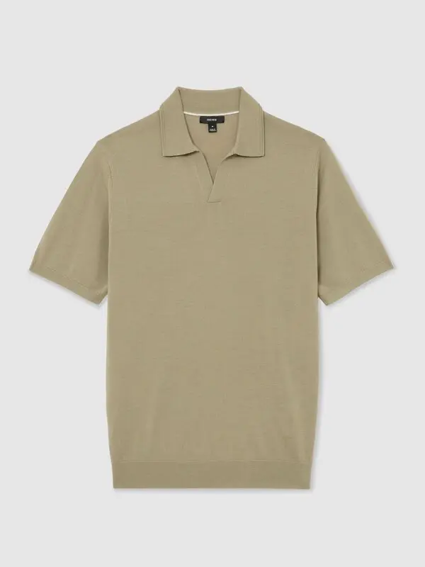 REISS Merino Wool Open-collar Polo Shirt - Soft Olive Green