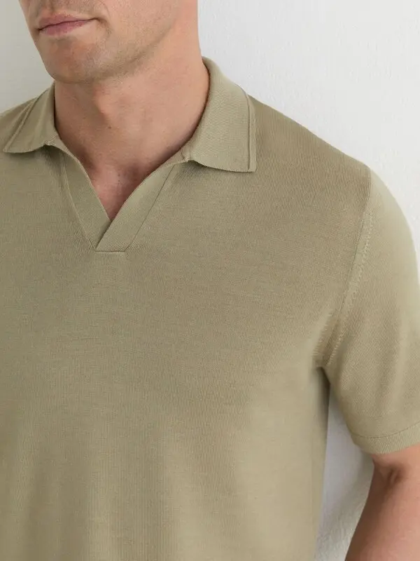 REISS Merino Wool Open-collar Polo Shirt - Soft Olive Green