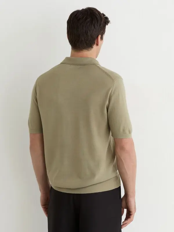 REISS Merino Wool Open-collar Polo Shirt - Soft Olive Green