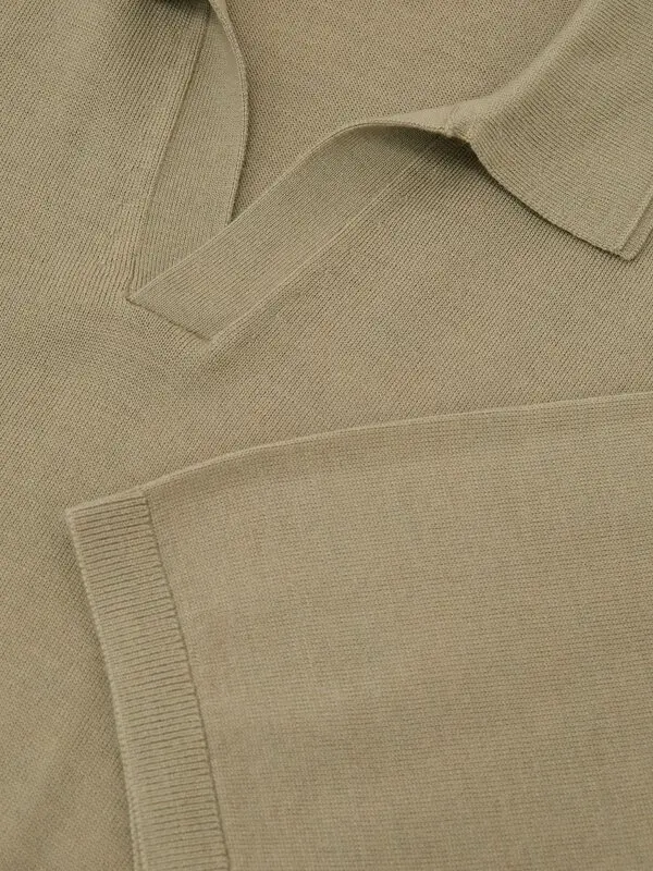 REISS Merino Wool Open-collar Polo Shirt - Soft Olive Green