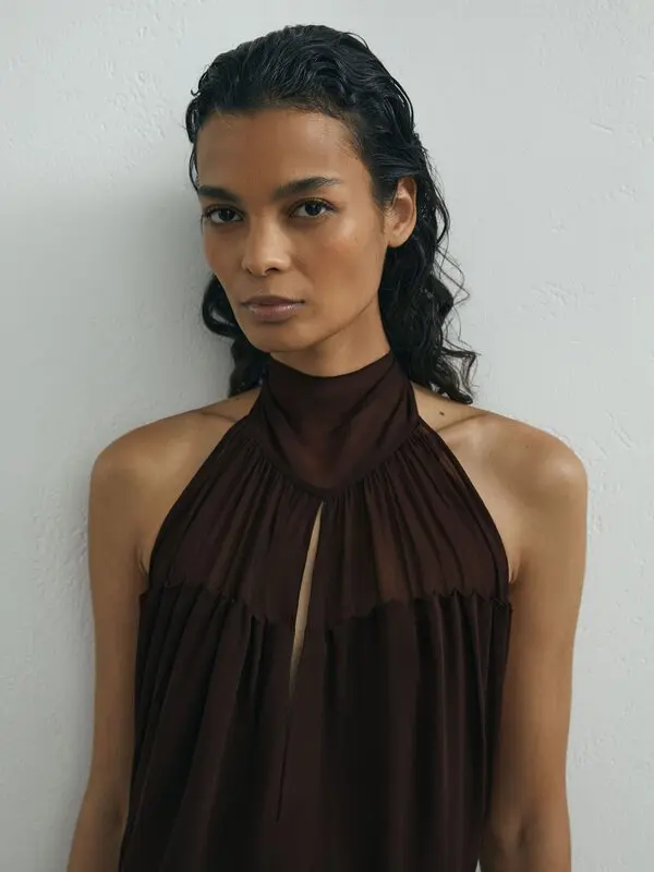 ATELIER Chiffon Draped Halterneck Maxi Dress - Chocolate