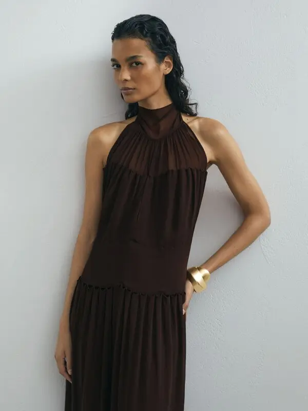ATELIER Chiffon Draped Halterneck Maxi Dress - Chocolate