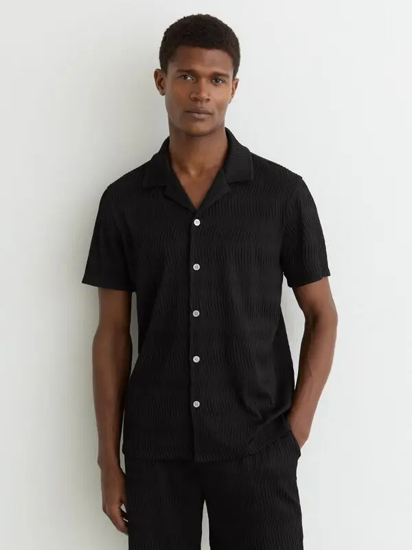 REISS Textured-wave Cuban-collar Shirt - Black
