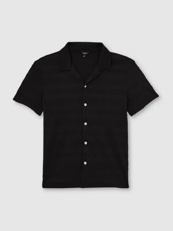 REISS Textured-wave Cuban-collar Shirt - Black