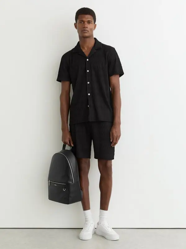 REISS Textured-wave Cuban-collar Shirt - Black