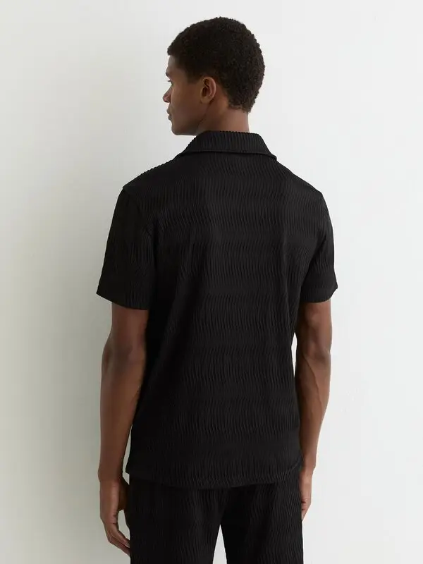 REISS Textured-wave Cuban-collar Shirt - Black