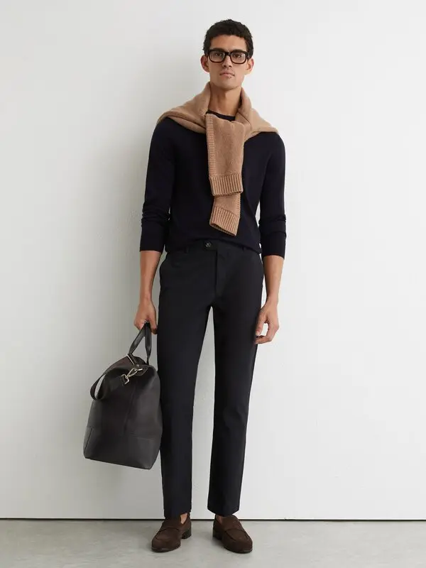 REISS Cotton Piqué Chino Trousers - Navy