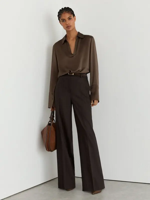 REISS Silk Open-collar Blouse With Buttoned Cuffs - Mocha Brown