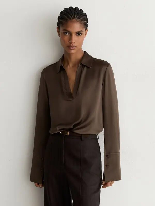 REISS Silk Open-collar Blouse With Buttoned Cuffs - Mocha Brown