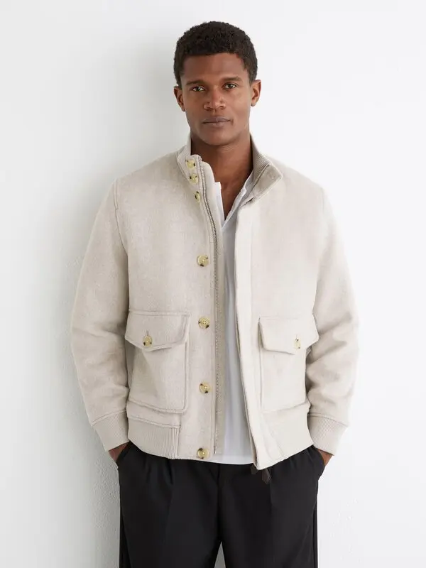 REISS Wool-blend Funnel-neck Bomber Jacket - Oatmeal
