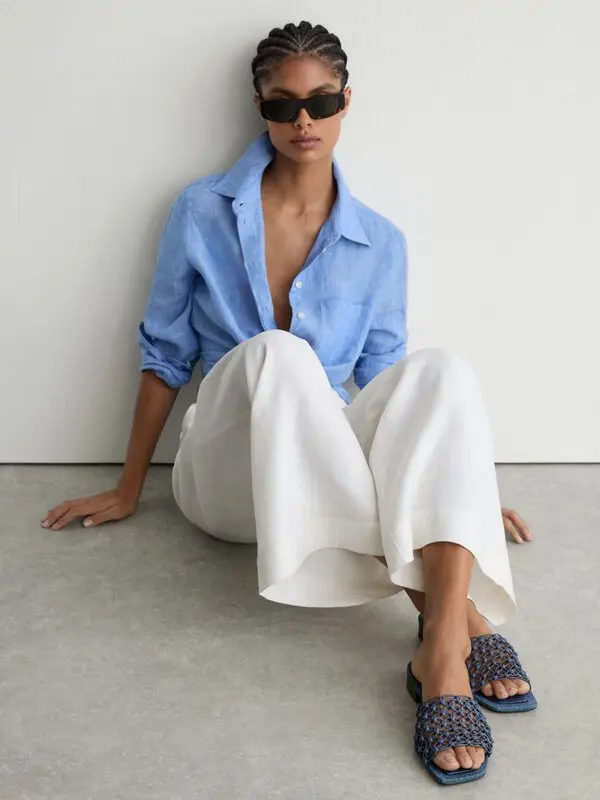 REISS Woven Flat Denim Sandals - Blue
