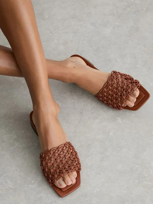 REISS Woven Flat Denim Sandals - Tan