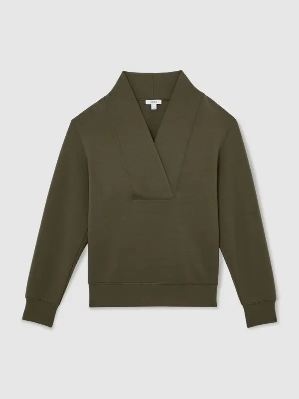 REISS Premium Interlock Shawl-neck Sweatshirt With - Khaki Green