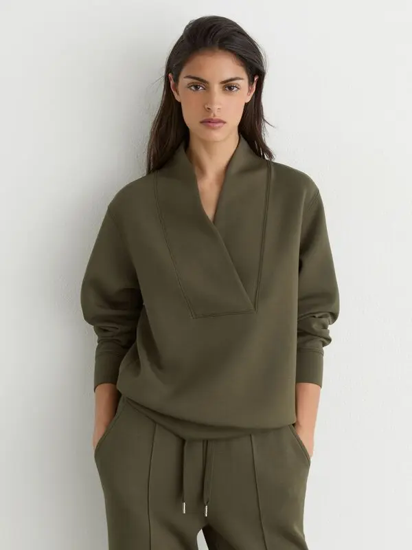 REISS Premium Interlock Shawl-neck Sweatshirt With - Khaki Green