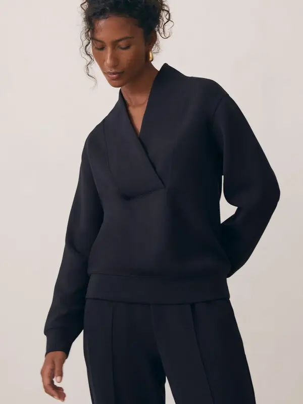 REISS Premium Interlock Shawl-neck Sweatshirt With - Navy