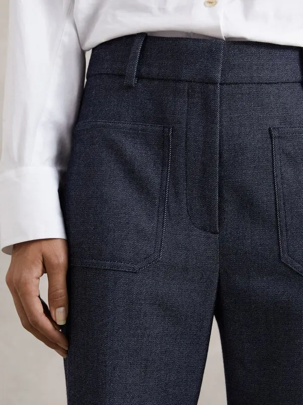 REISS Flannel Patch-pocket Flared Trousers With Wool