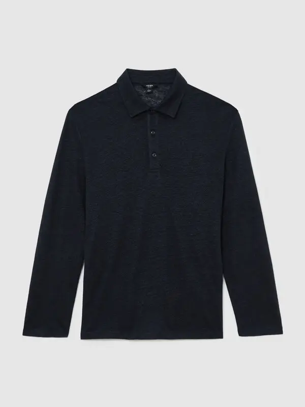 REISS Linen Long-sleeve Knitted Polo Shirt - Navy