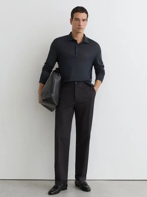 REISS Linen Long-sleeve Knitted Polo Shirt - Navy