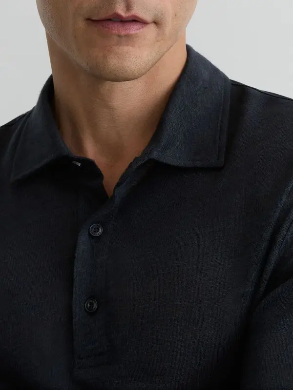 REISS Linen Long-sleeve Knitted Polo Shirt - Navy