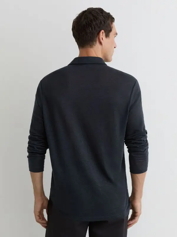 REISS Linen Long-sleeve Knitted Polo Shirt - Navy