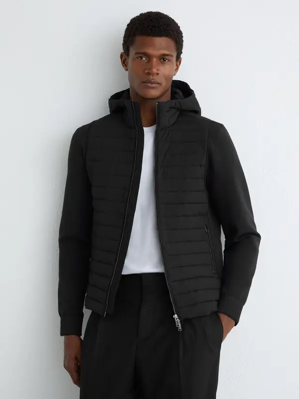 REISS Quilted Hybrid Hooded Zip-front Jacket