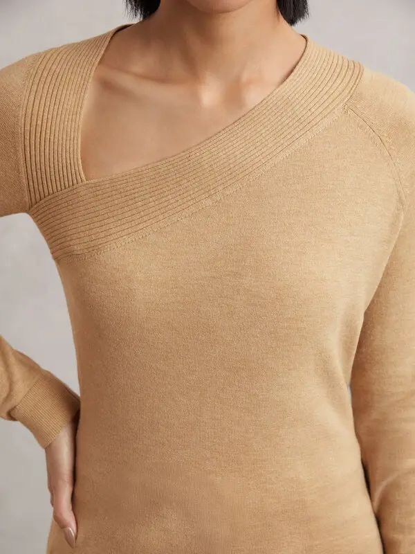 REISS Wool-blend Asymmetric Knit Top - Camel