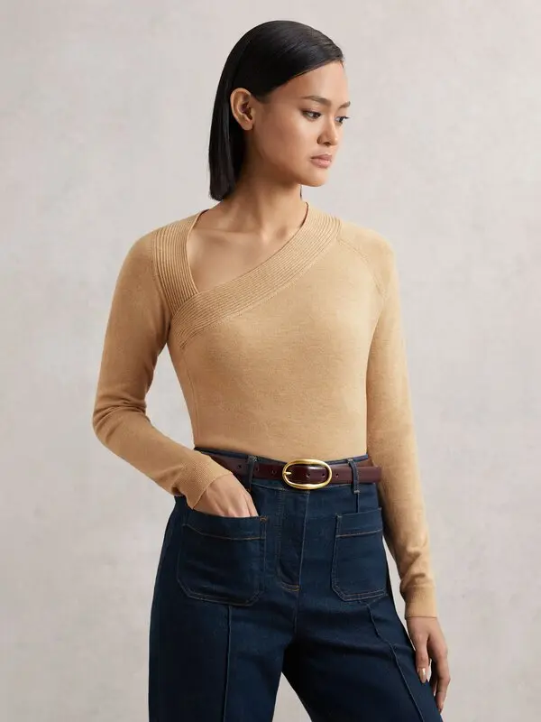 REISS Asymmetric Knit Top - Camel