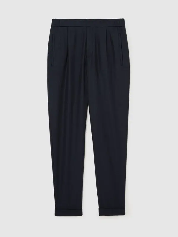 REISS Wool-blend Tapered Cuffed Trousers - Navy