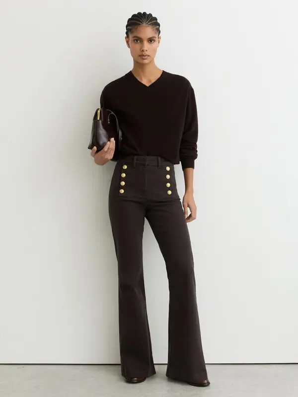 REISS Button-detail High-rise Flared Jeans - Chocolate Brown