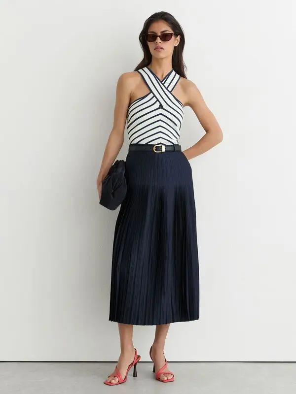 REISS Satin Pleated Midi Skirt