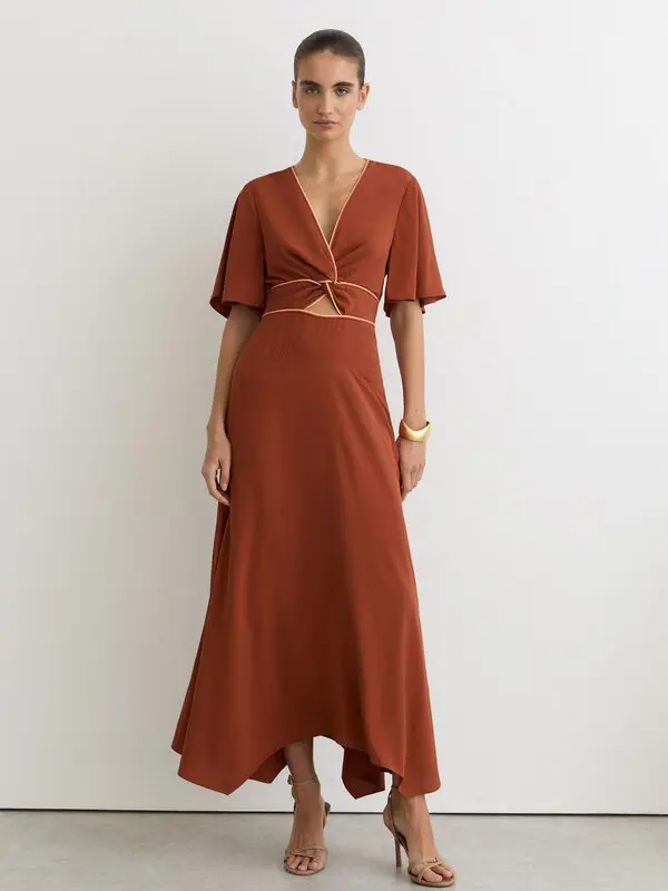 REISS Piped-trim Cut-out Midi Dress - Rust Orange