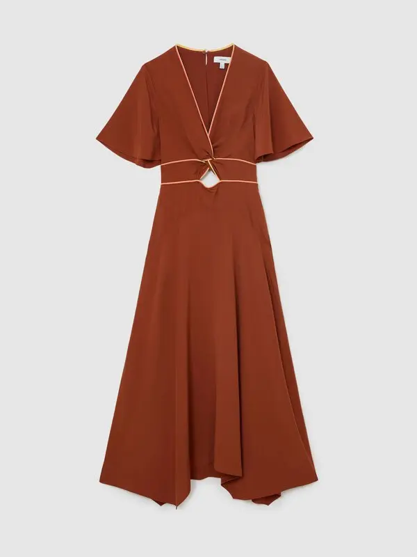 REISS Piped-trim Cut-out Midi Dress - Rust Orange