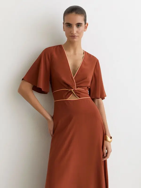 REISS Piped-trim Cut-out Midi Dress - Rust Orange