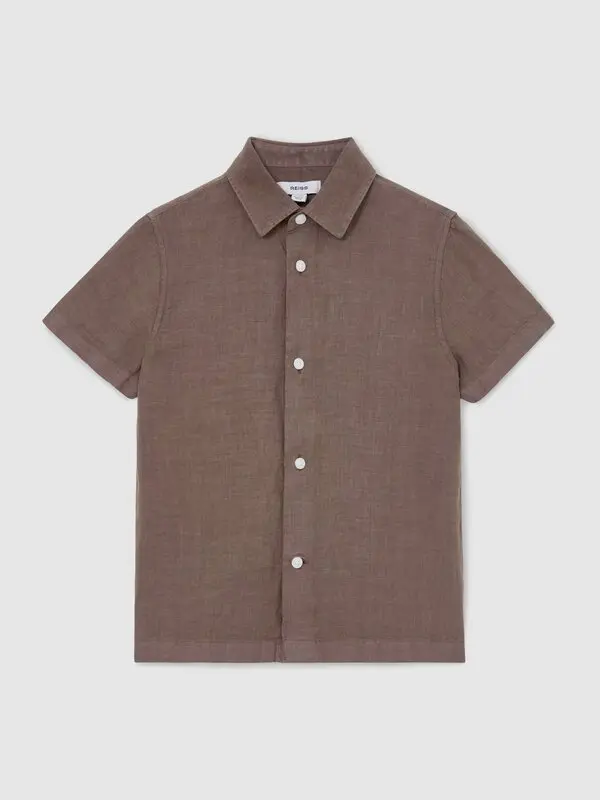 REISS 3-9 Yrs Linen Short-sleeve Button-through Shirt - Espresso Brown