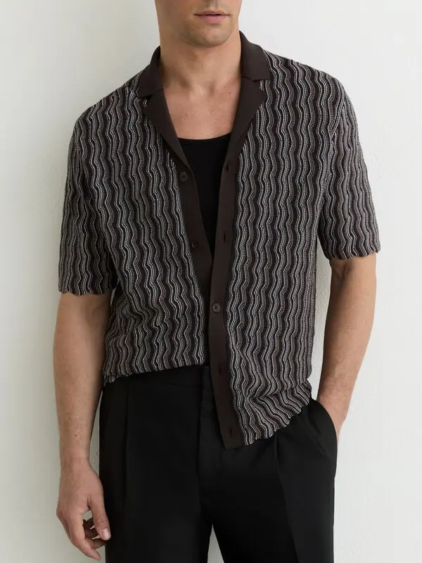 REISS Wavy-stripe Cuban-collar Knit Shirt