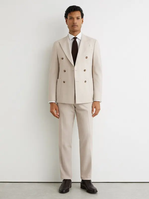 REISS Tailored Fit Double-breasted Textured Suit Blazer With Wool - Stone