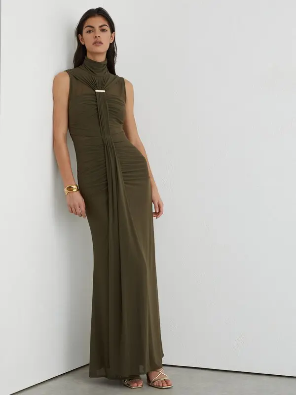 REISS Ruched Sleeveless Maxi Dress - Khaki