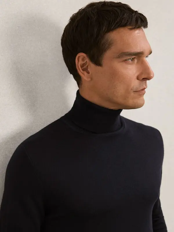 REISS Merino Wool Roll-neck Jumper - Black/camel