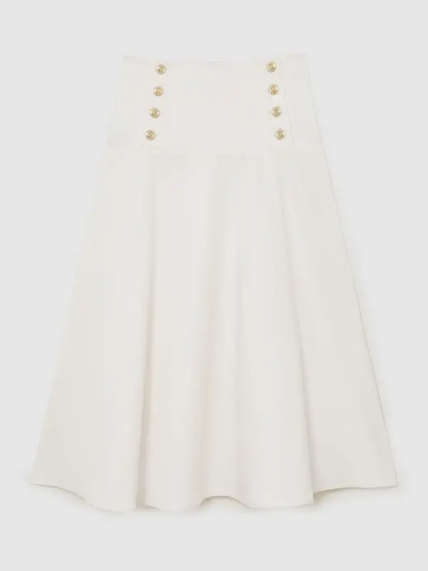 REISS Cotton Button-detail Midi Skirt