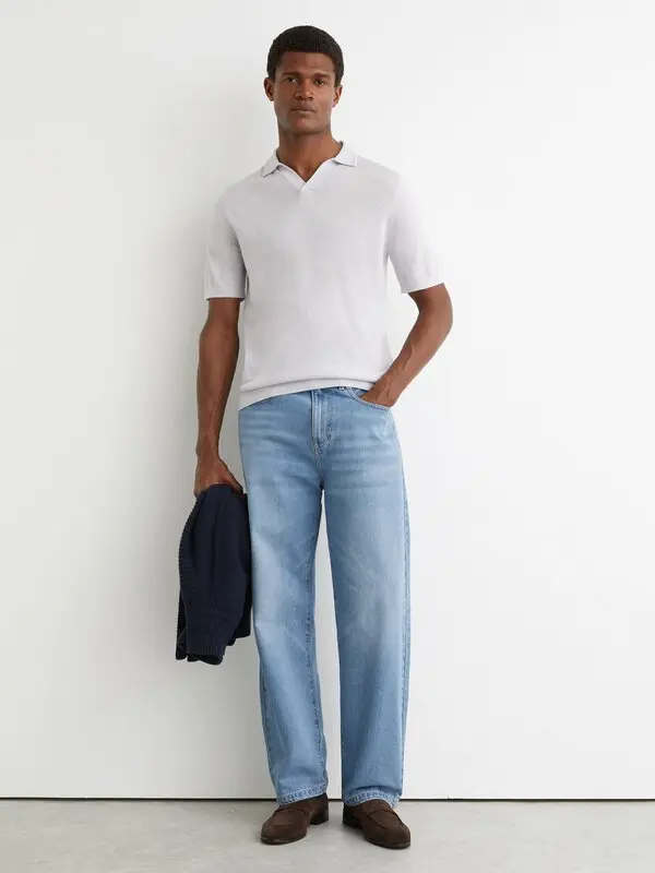 REISS Merino Wool Open Collar Polo Shirt - Frost Blue